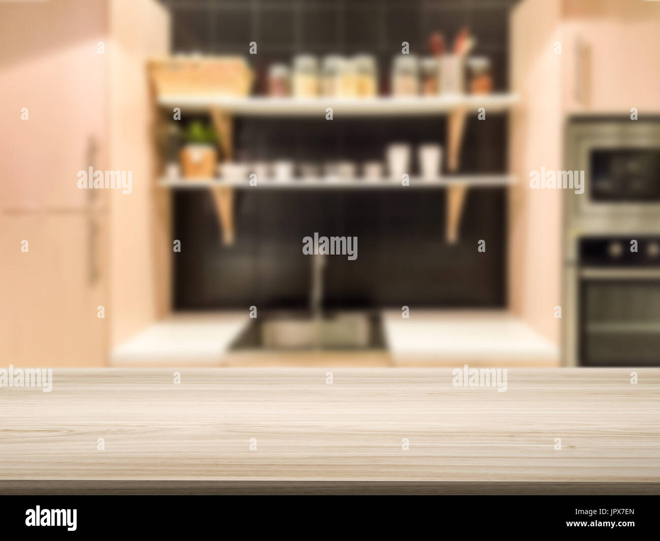 wooden counter top with kitchen cabinet background Stock Photo - Alamy