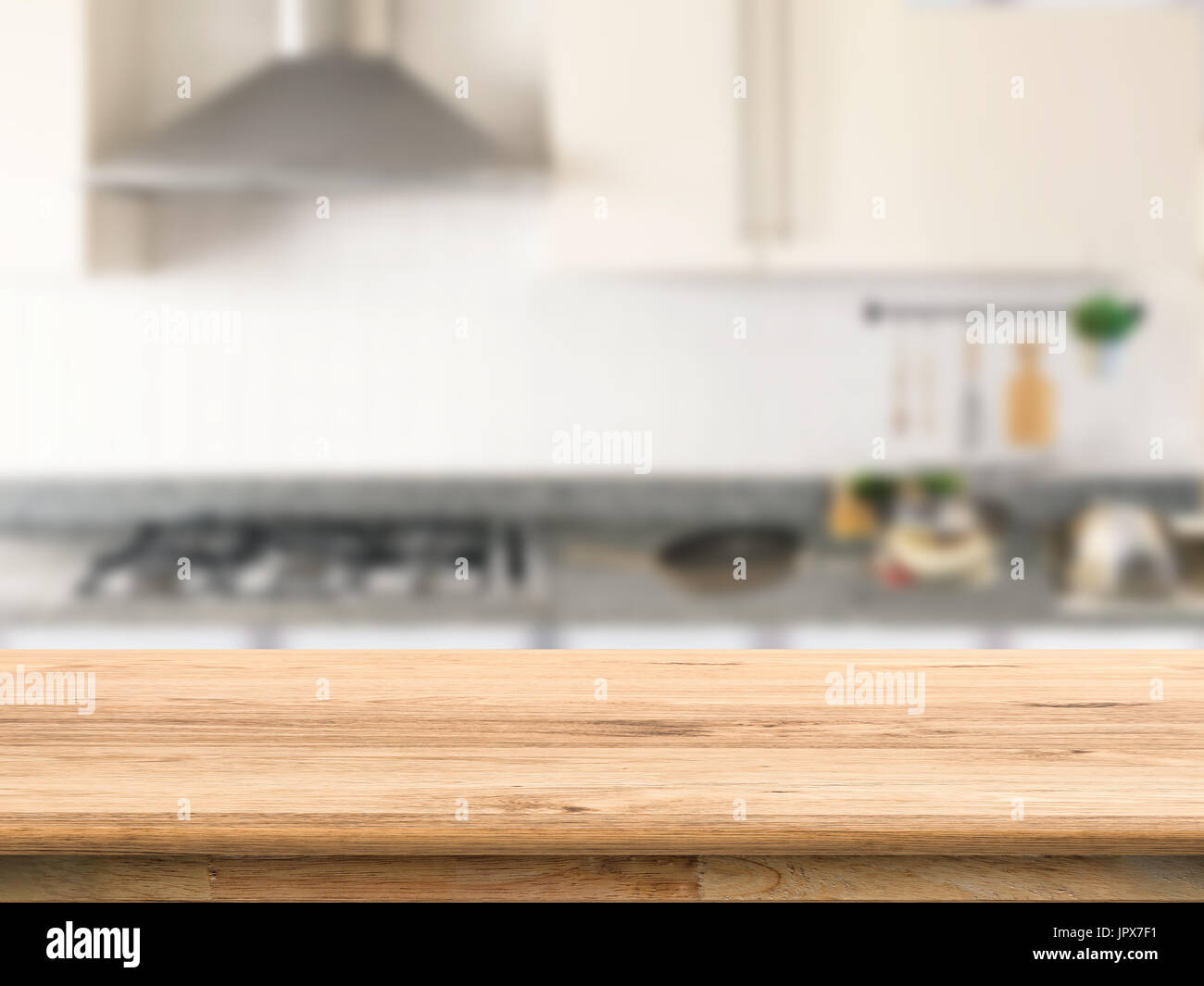 wooden counter top with kitchen cabinet background Stock Photo - Alamy