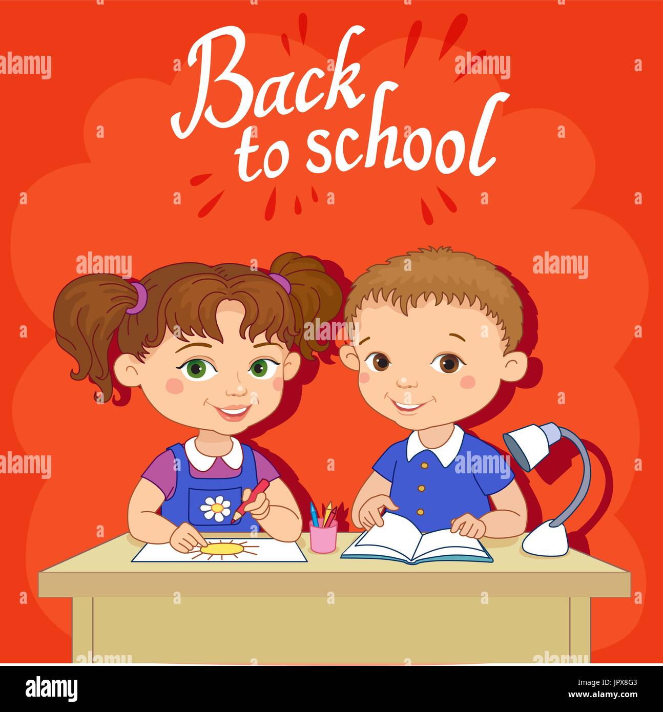 Funny pupils sit on desks read draw clay cartoon red orange background ... Funny pupils sit on desks read draw clay cartoon red orange background ...