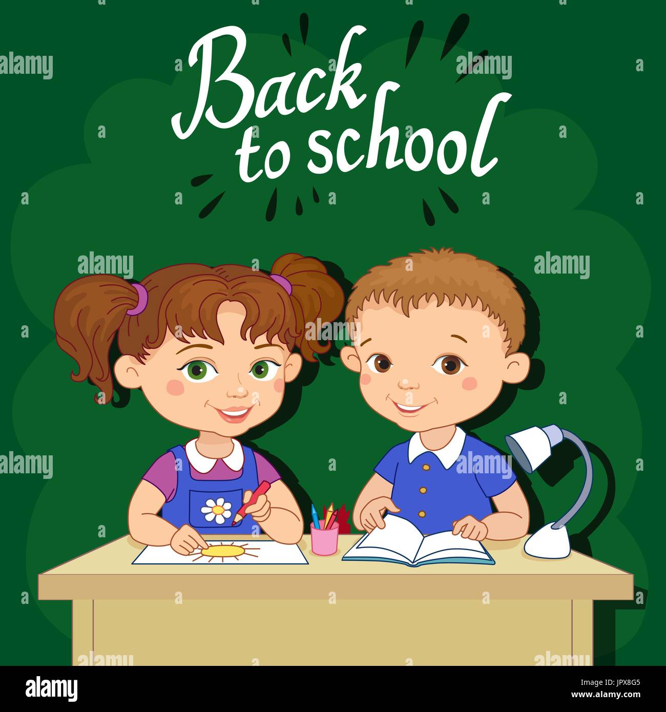Funny pupils sit on desks read draw clay cartoon green background ... Funny pupils sit on desks read draw clay cartoon green background ...