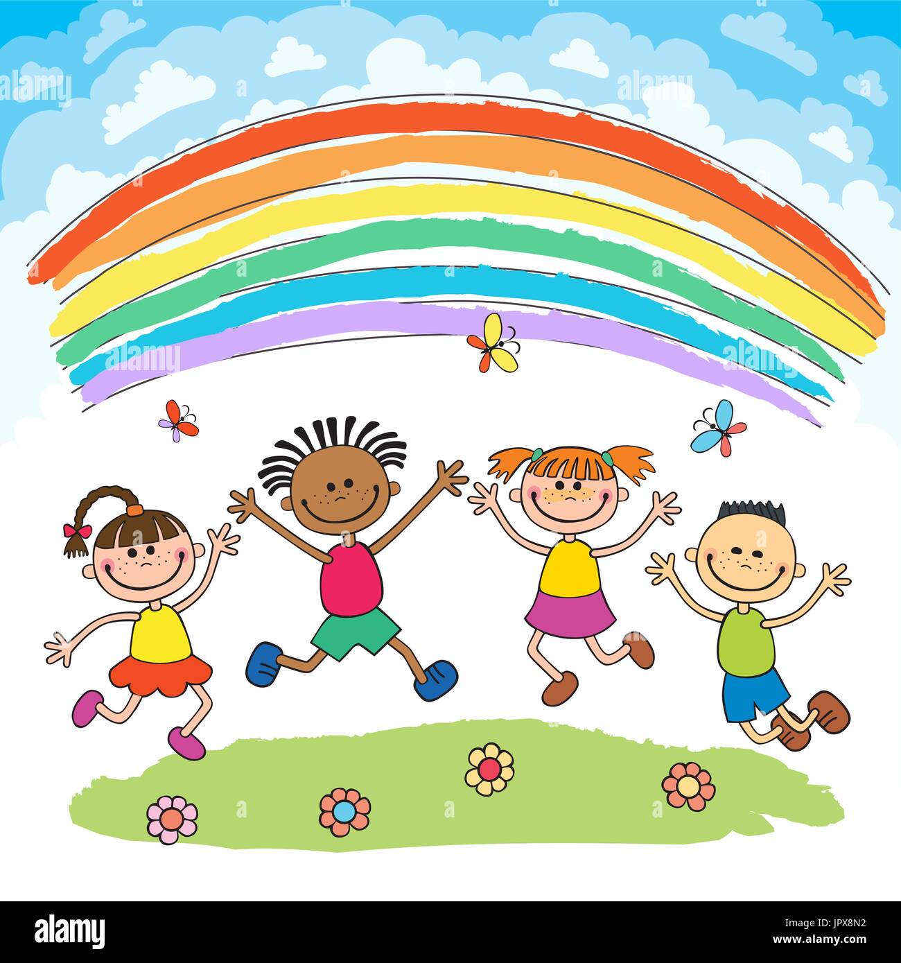 Kids jumping with joy on a meadow under rainbow, colorful cartoon ...