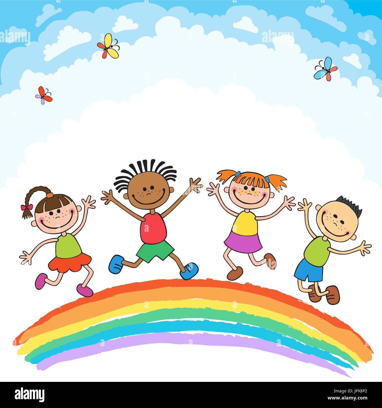 Kids jumping with joy on a meadow under rainbow, colorful cartoon ...