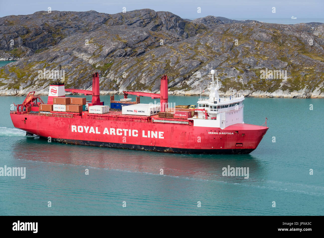 Container ship Irena Arctica (424 TEU) sailing up Kuannersooq Fjord ...