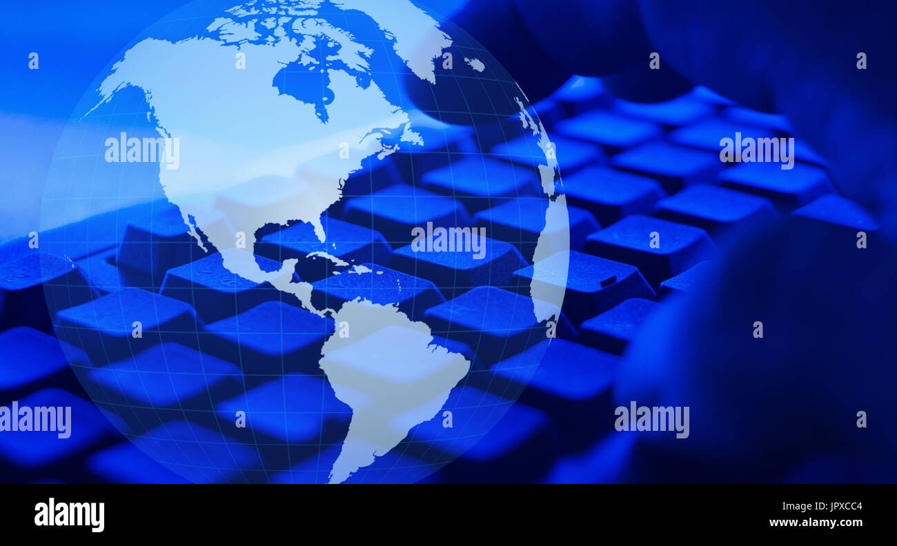 World globe and computer keyboard dark blue background Stock Photo - Alamy