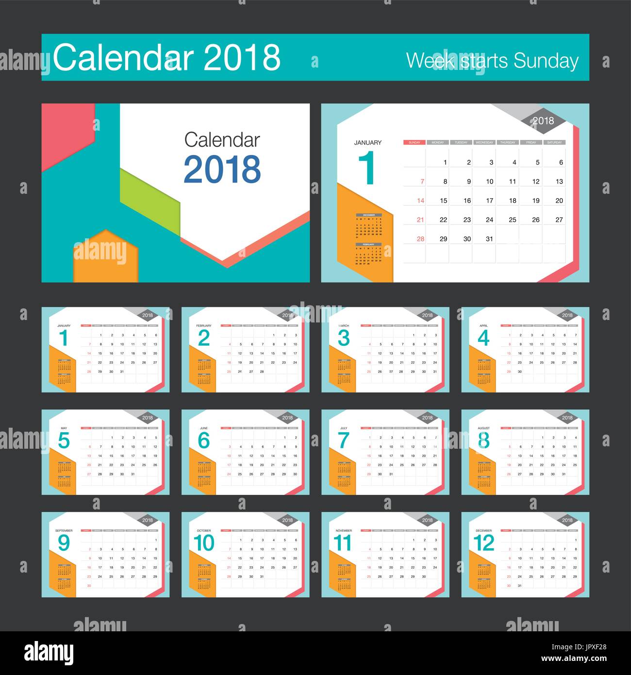 2018 Calendar. Desk Calendar modern design template. Week starts Sunday ...