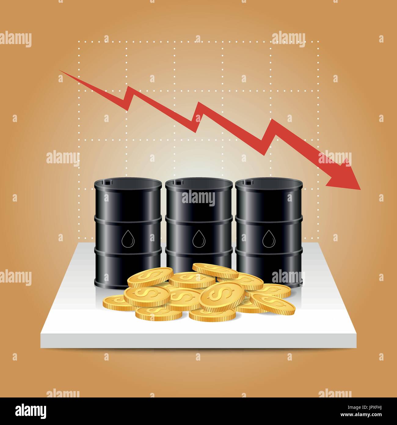 Oil industry concept. Oil price falling down graph with oil tank and ...