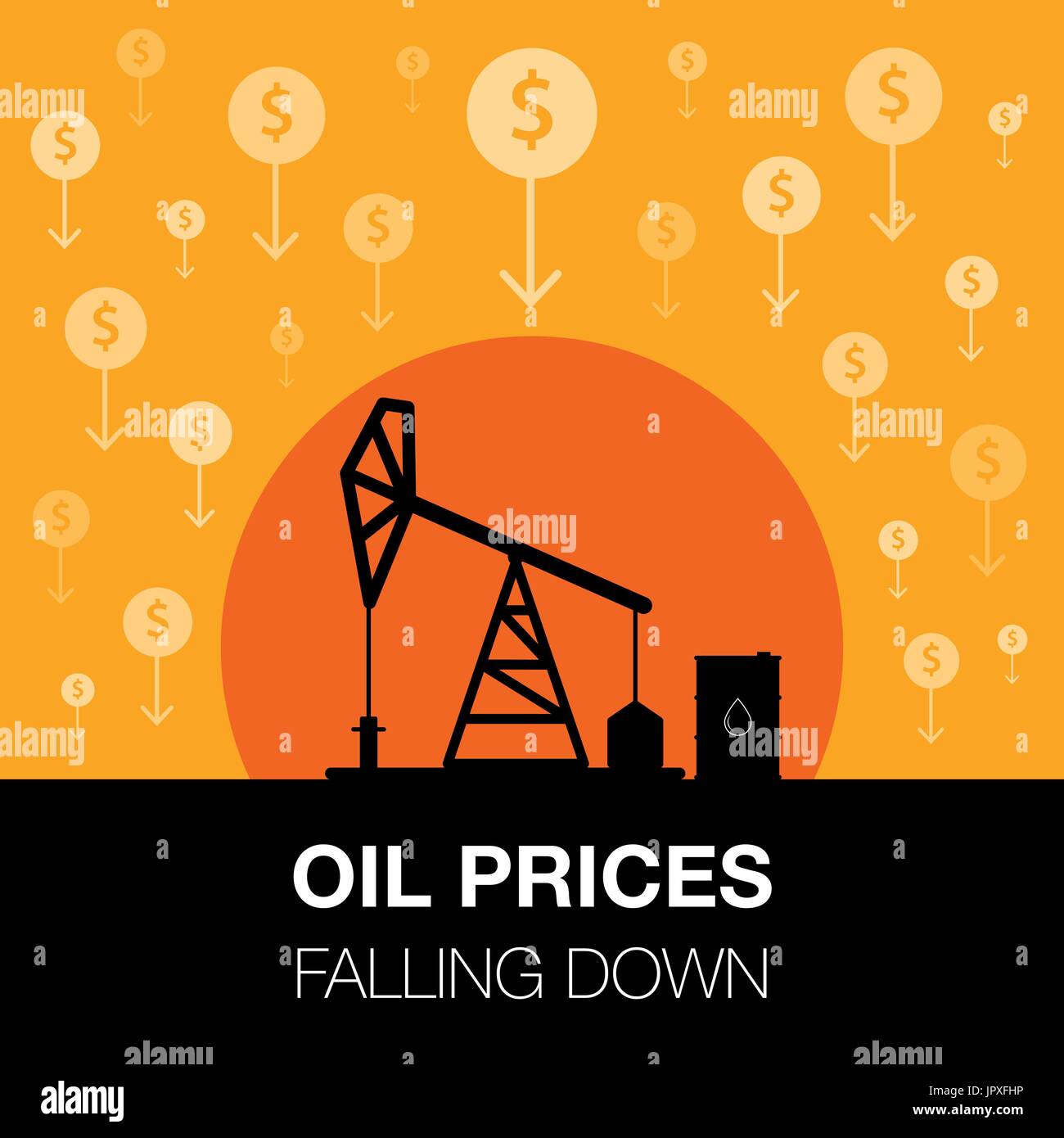 Oil industry concept. Oil price falling down with dollar coin and ...