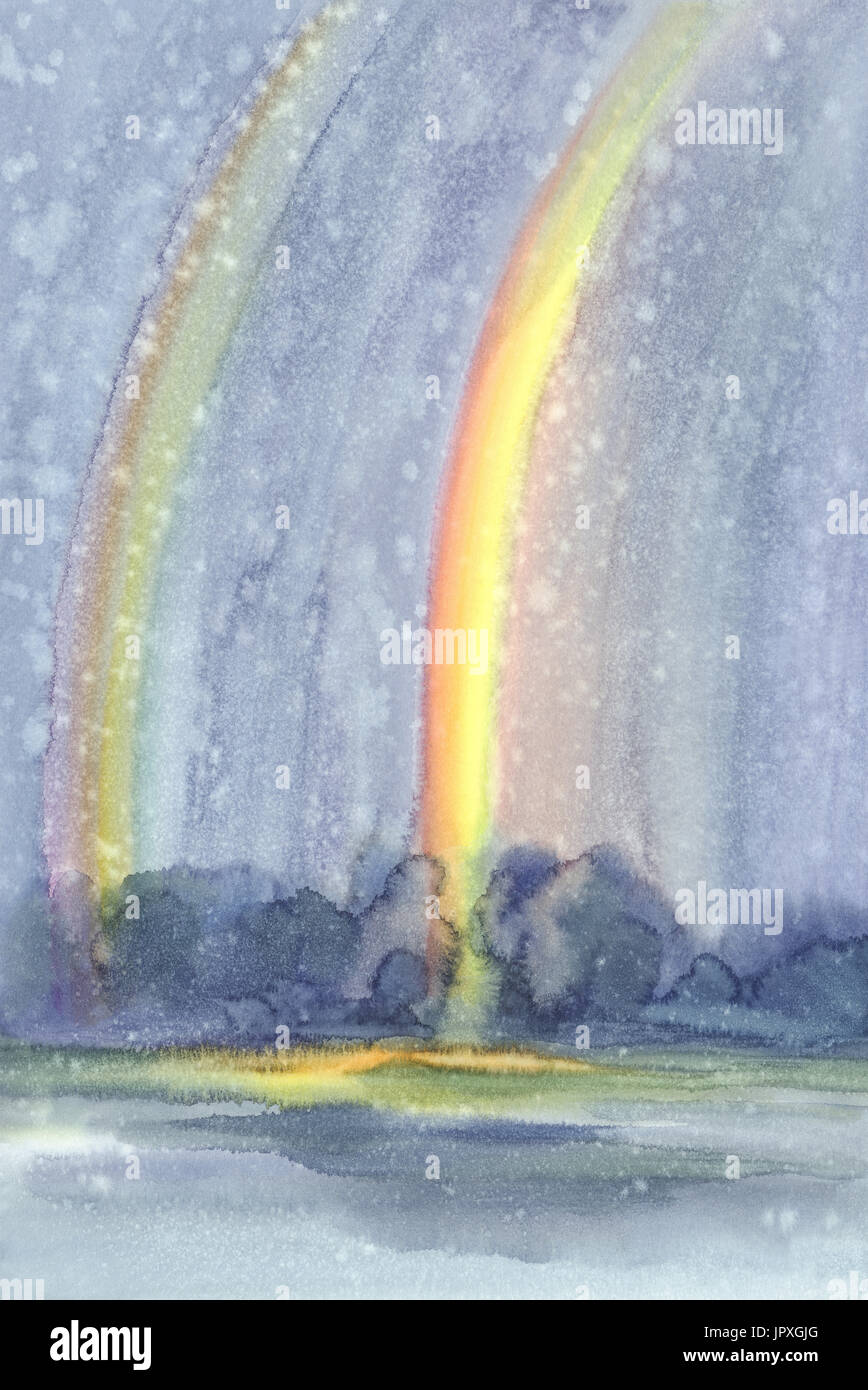 rainbow in the rain watercolor landscape Stock Photo - Alamy