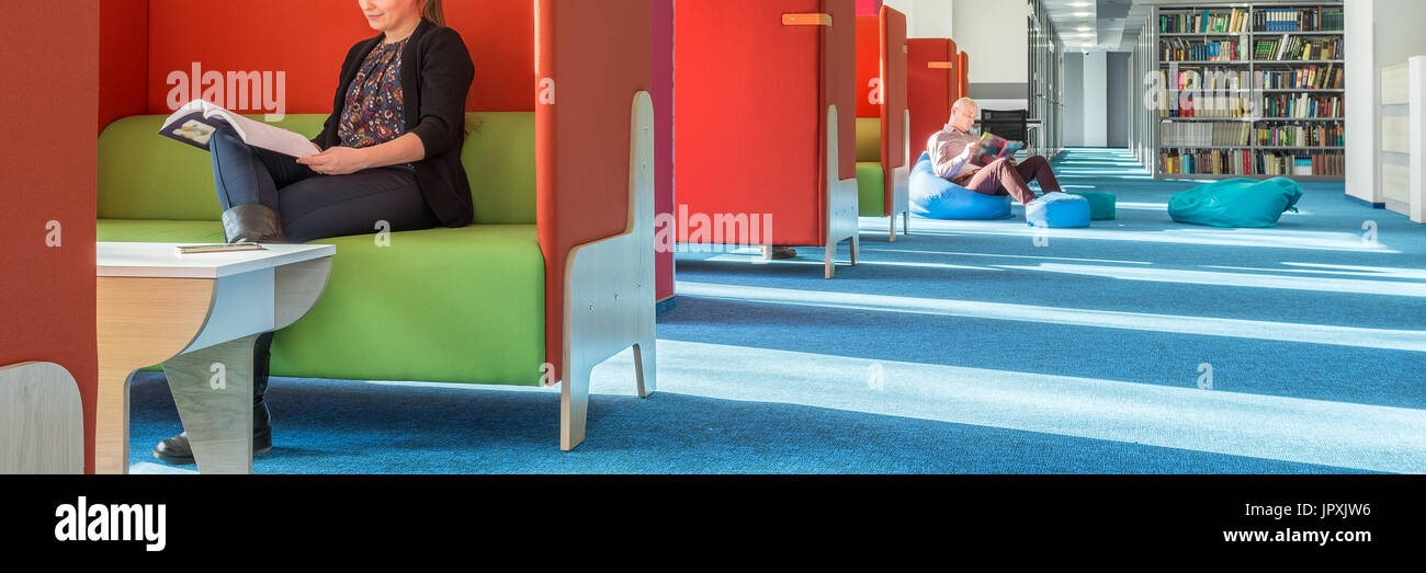 Banner view of library with individual study area with red partition ...
