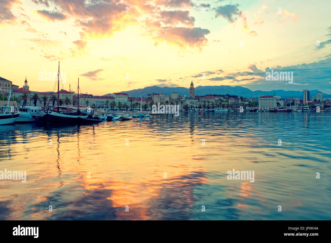 Panoramic view on town Split at sunrise from the side of sea - Croatia ...