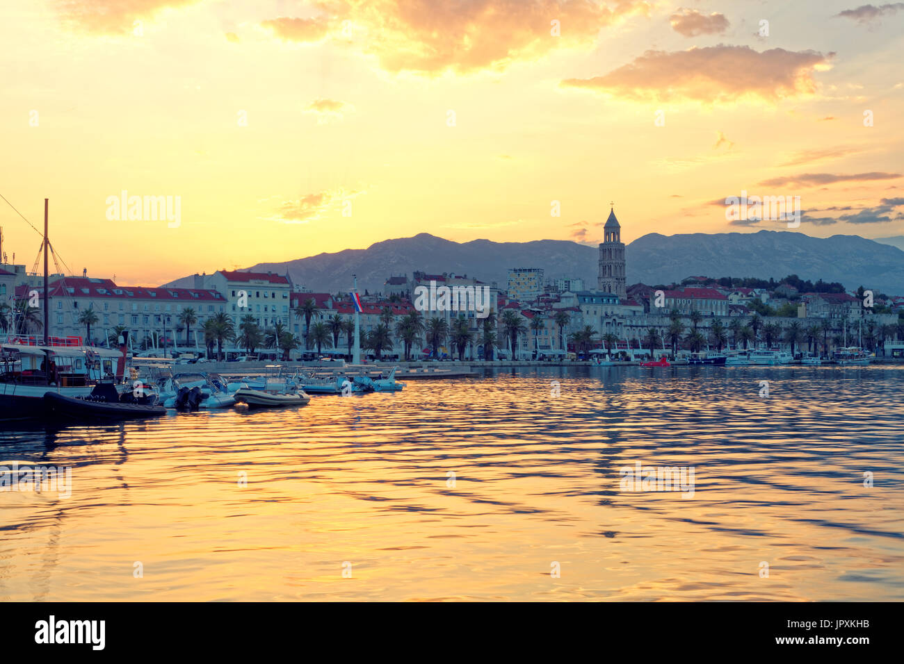 View on town Split at sunrise from the side of sea - Croatia Stock ...