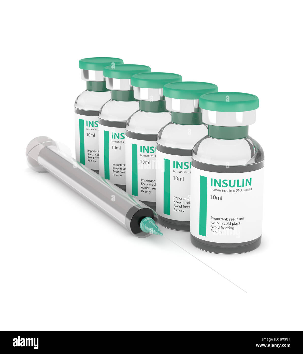 3d rendering of insulin vials and syringe isolated over white ...