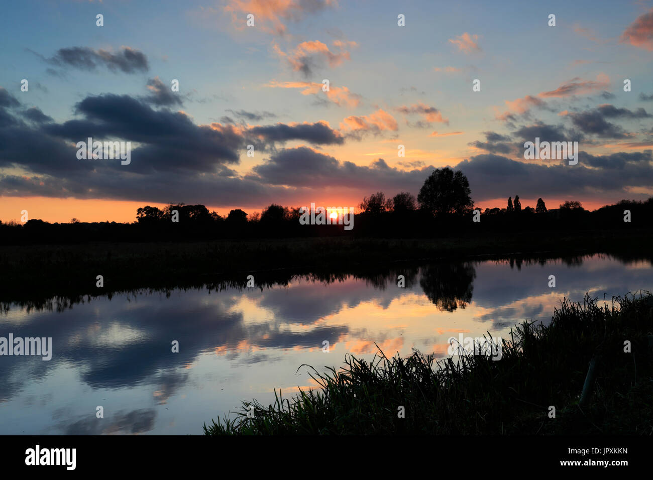 Autumn sunset, river Nene Valley, near Castor village, Cambridgeshire ...