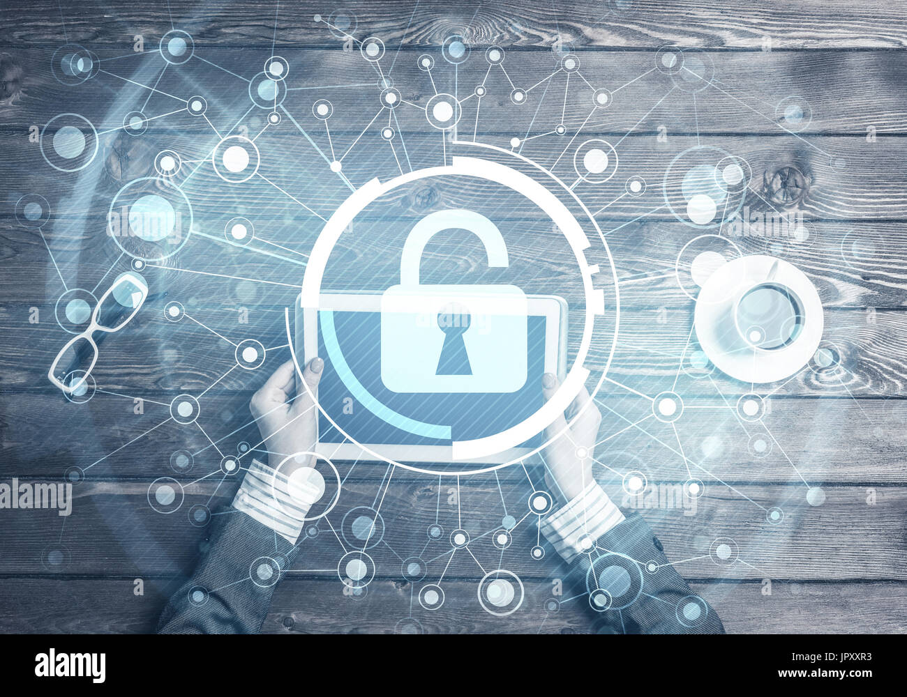 Concept of computer access with media lock icon on tablet screen Stock ...