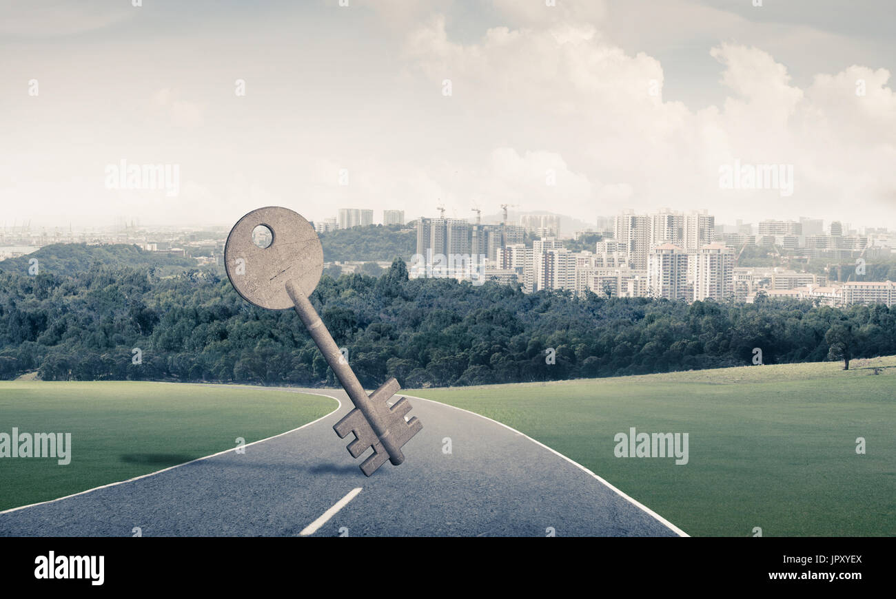 Conceptual background image of concrete key sign on asphalt road Stock ...