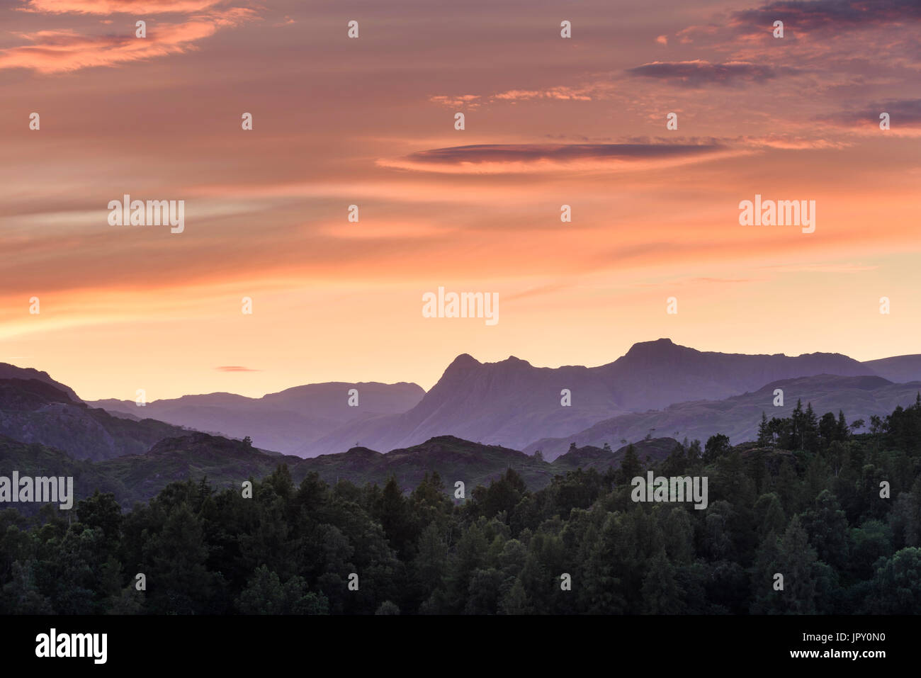 Panorama landscape of Langdale Pikes and Lakeland Fells at dusk from ...