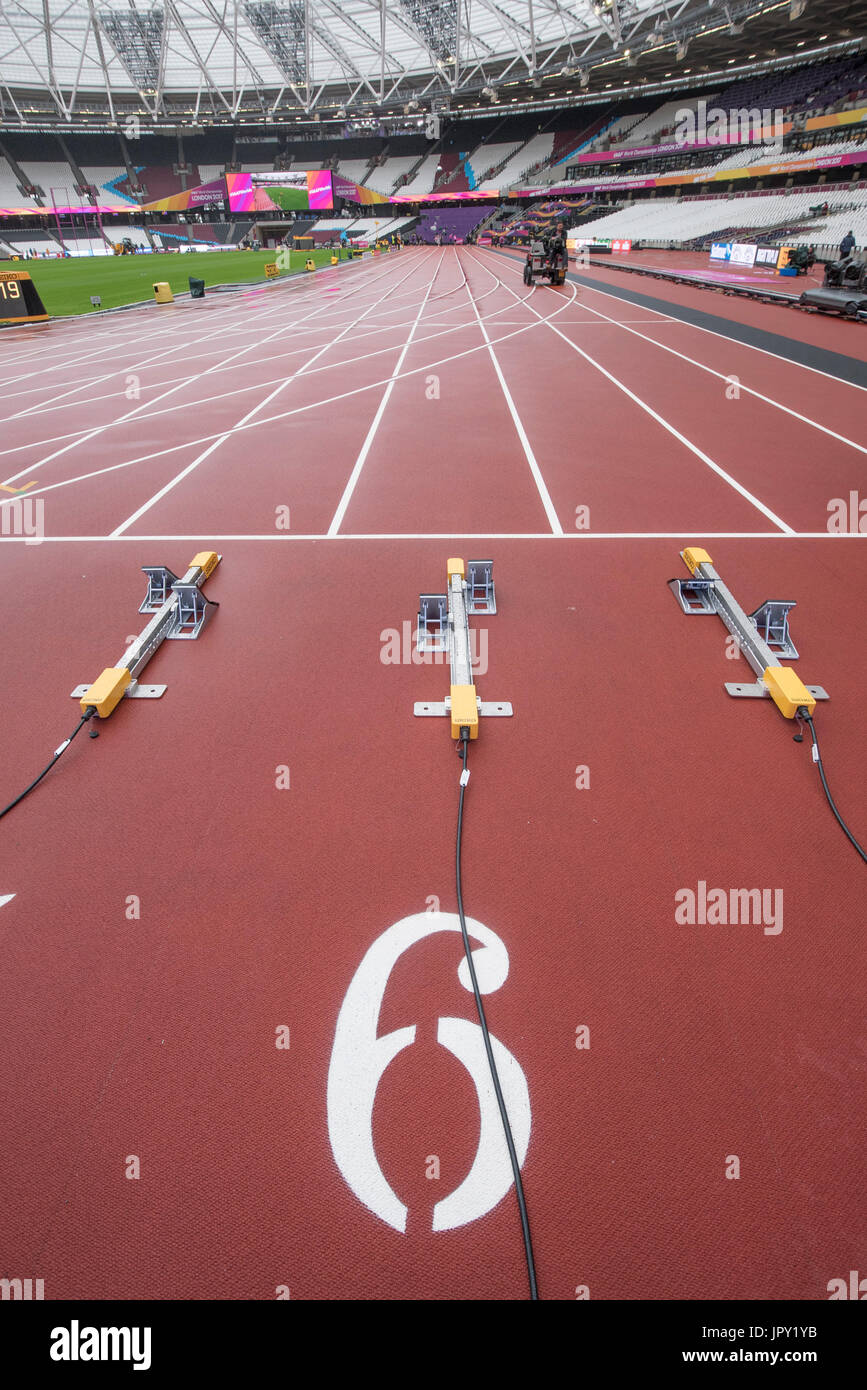 London, UK. 2nd Aug, 2017. Starting blocks in place at the start of the ...