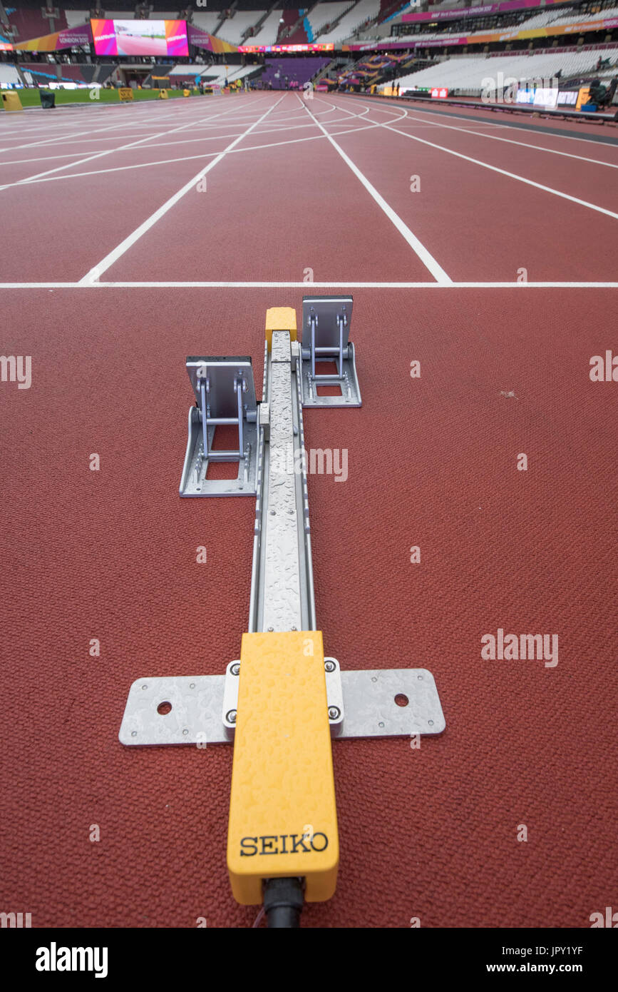 London, UK. 2nd Aug, 2017. Starting blocks in place at the start of the ...