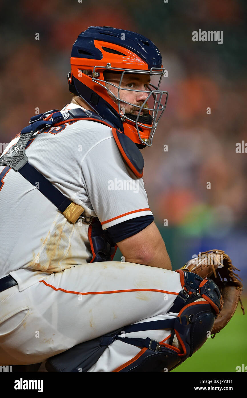 August 1, 2017: Houston Astros catcher Evan Gattis (11) looks for ...