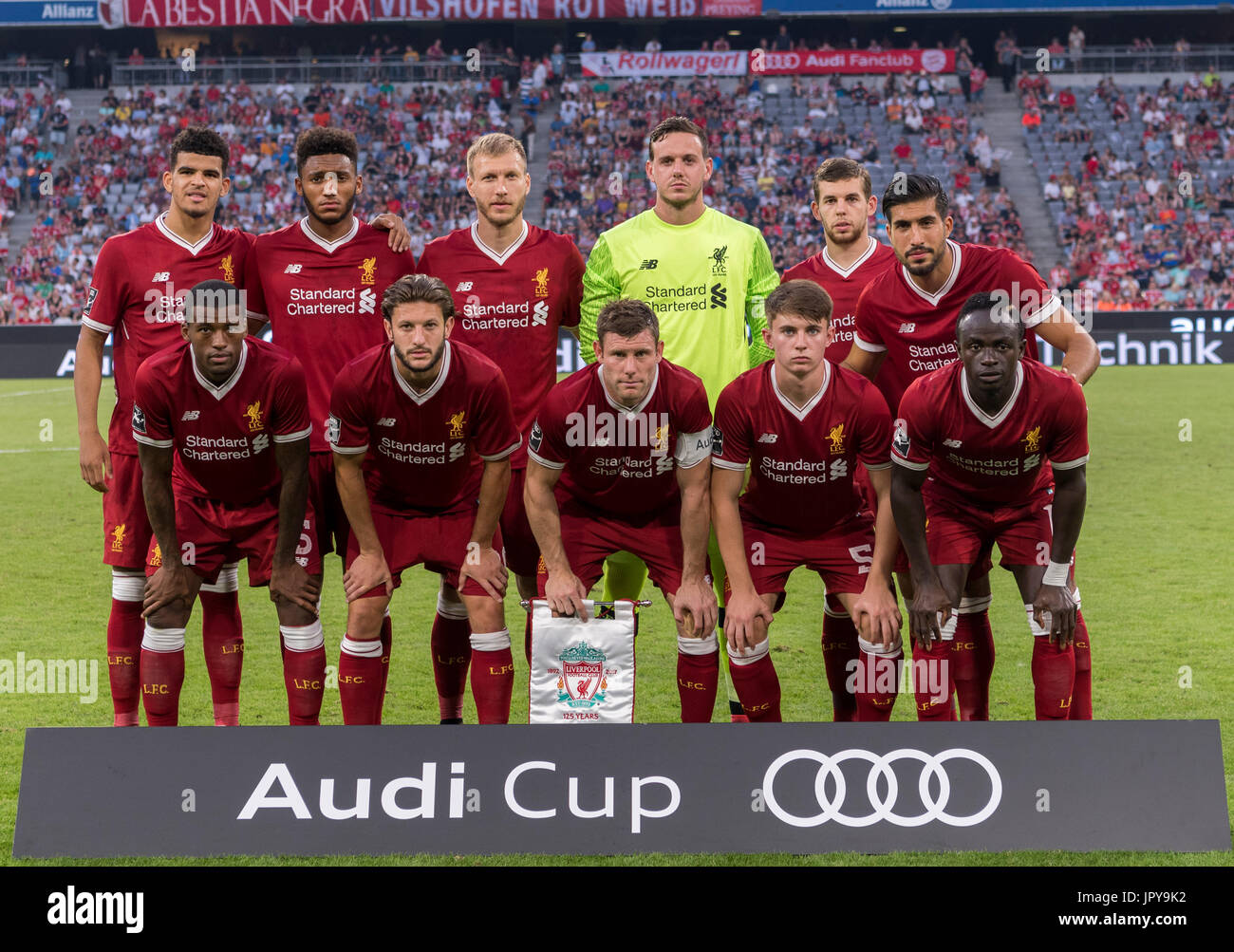 Munich, Germany. 2nd Aug, 2017. Liverpool team group line-up Football ...