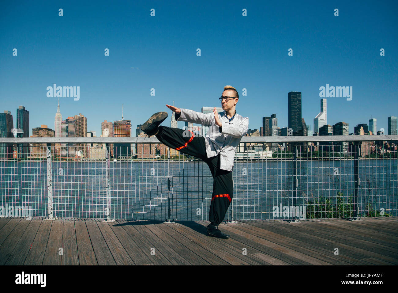 New York, USA. 3rd Aug, 2017. Alex Richter practices Wing Tsun forms at ...