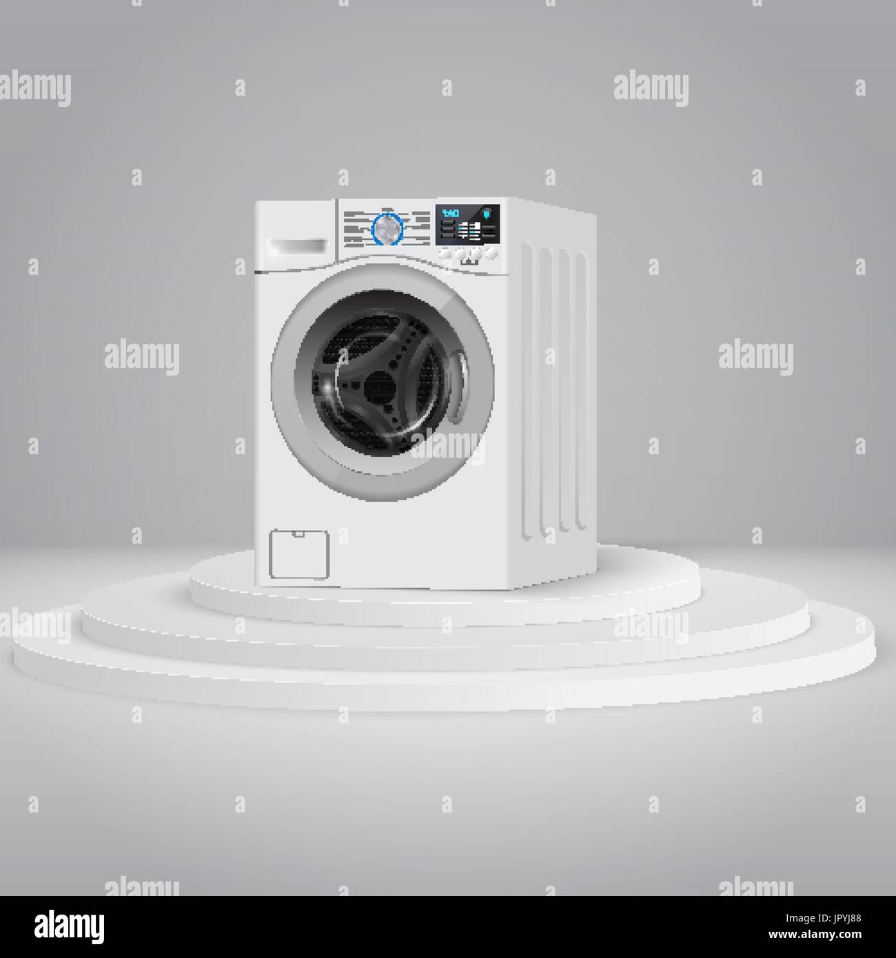 Realistic white front loading washing machine on round white podium ...