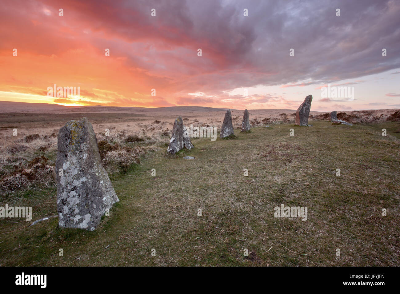 Sunset at Scorhill stone circle Dartmoor national park Devon Uk Stock ...
