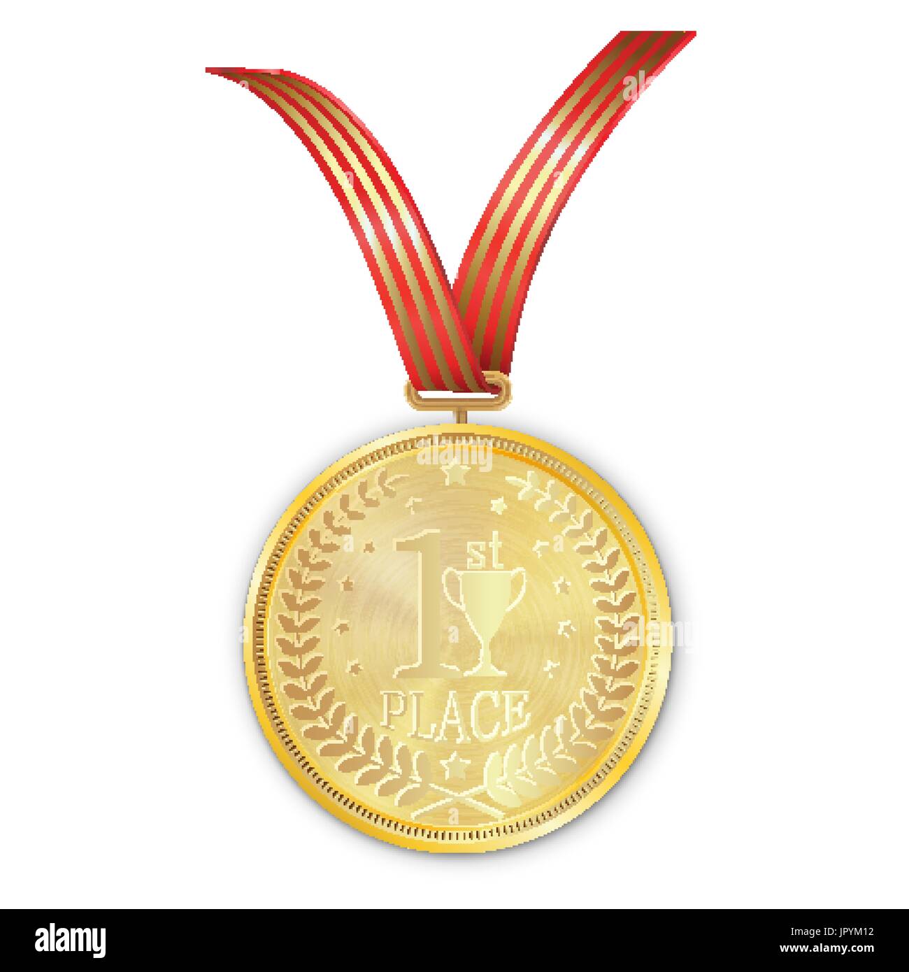 Vector gold medal on red ribbon with gold strip of laurel wreath and ...