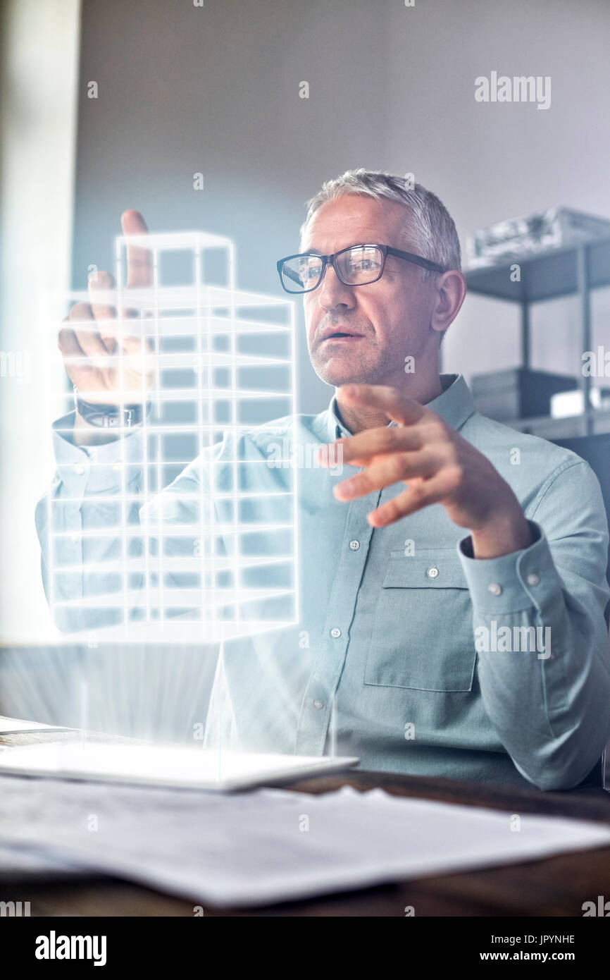 Male architect performing telekinesis, hovering futuristic glowing ...