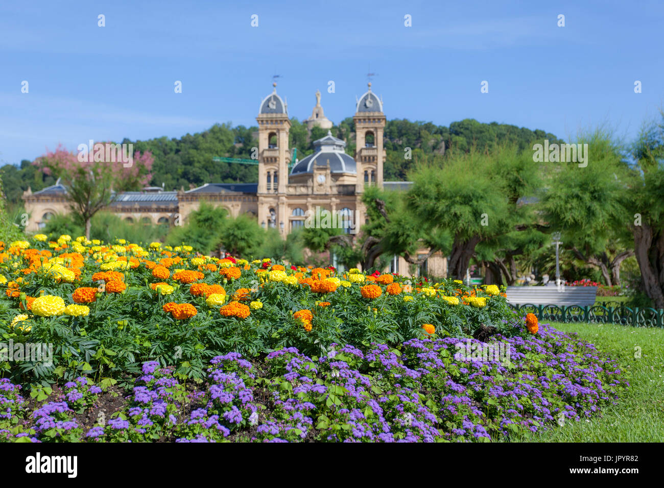 Flowers in front of the historic city hall in San Sebastian. Basque ...