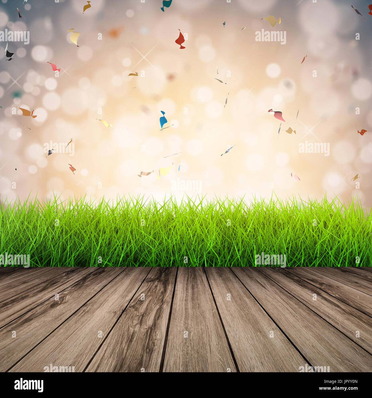 wooden floor with green grass on confetti background Stock Photo - Alamy