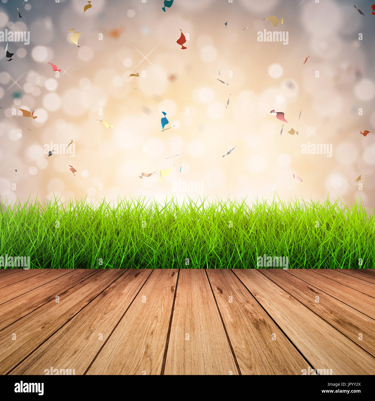 wooden floor with green grass on confetti background Stock Photo - Alamy