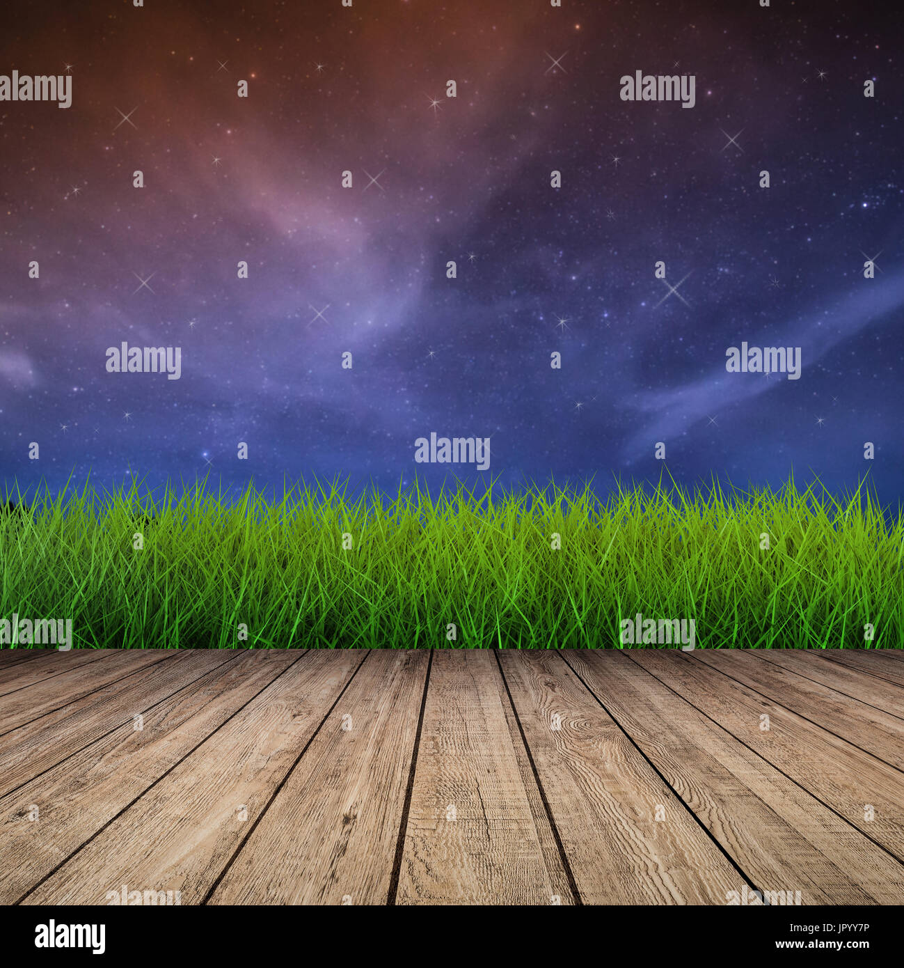 night sky with shiny stars with green grass and wooden floor Stock ...