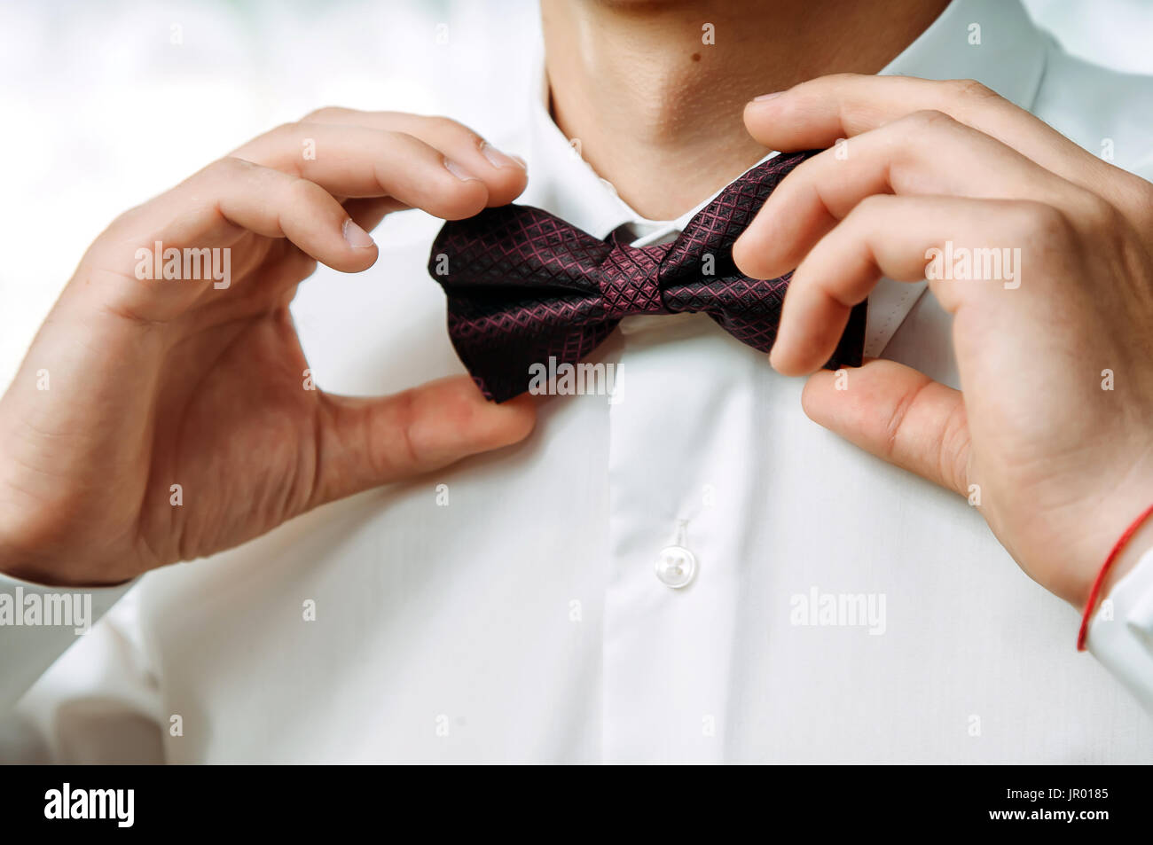 The groom in a white collar fixing his purple bow tie Stock Photo - Alamy