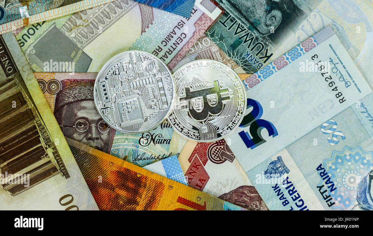 Bitcoin on banknote collage background. Electronic money exchange ...