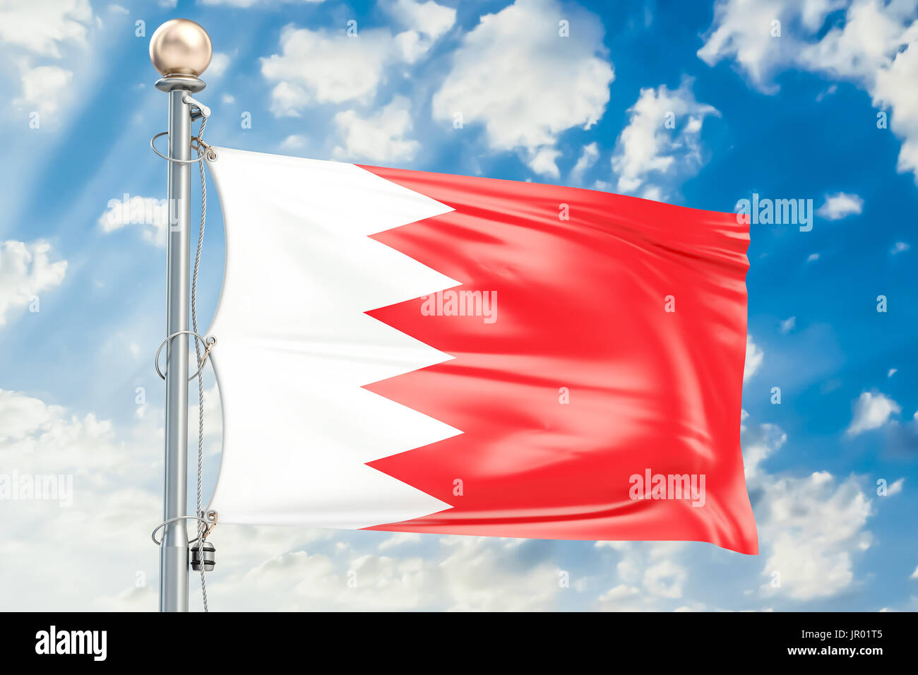 Bahrain flag waving in blue cloudy sky, 3D rendering Stock Photo - Alamy