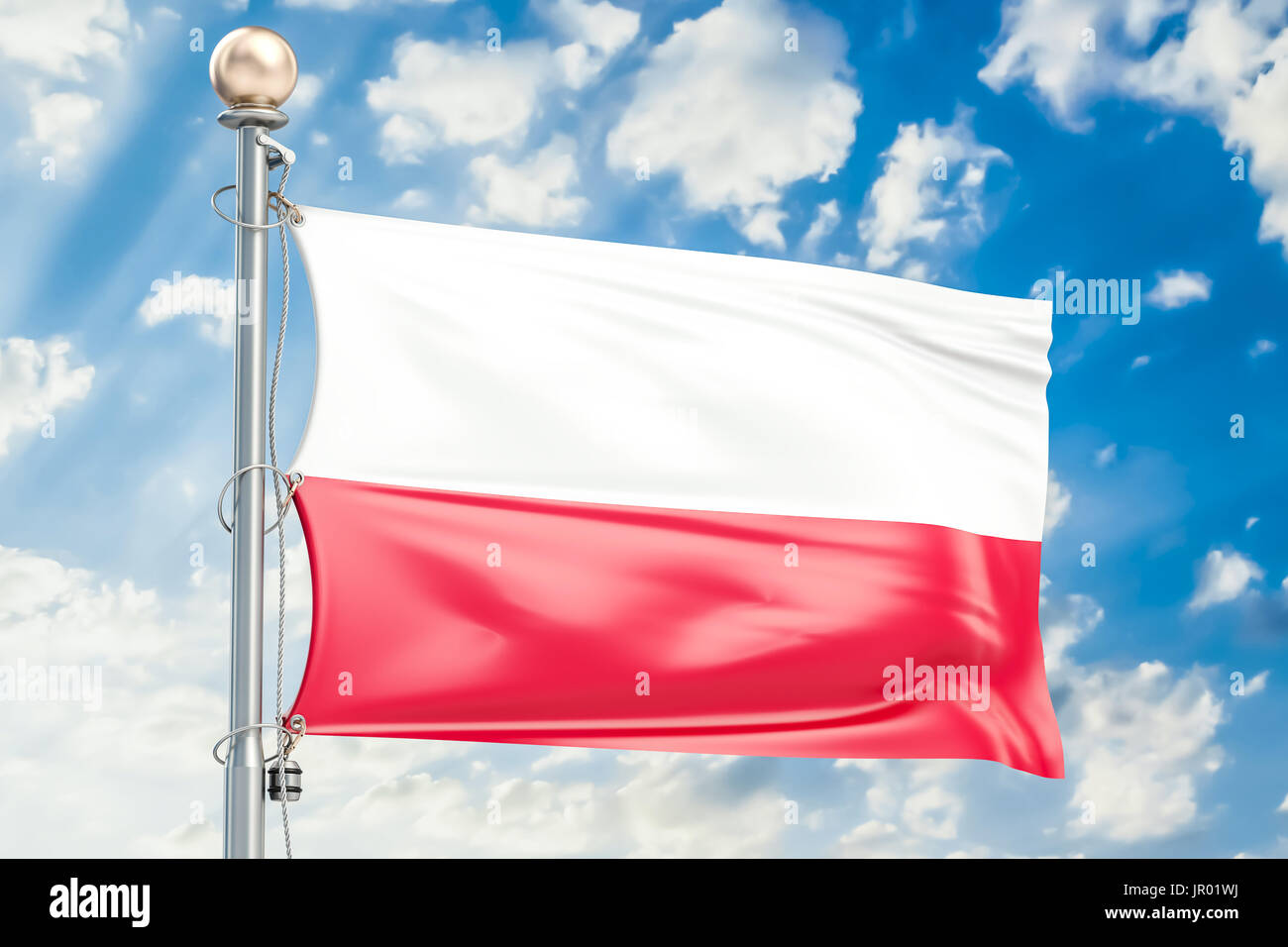 Polish flag waving in blue cloudy sky, 3D rendering Stock Photo - Alamy