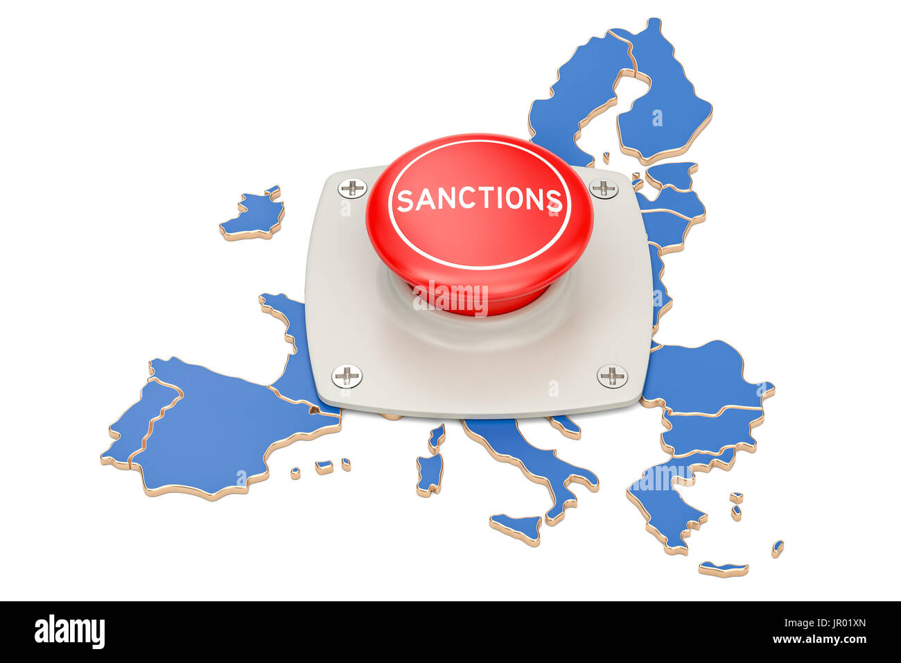 Sanctions button on map of European Union, 3D rendering isolated on ...
