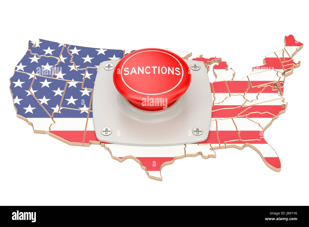 Sanctions button on map of USA , 3D rendering isolated on white ...