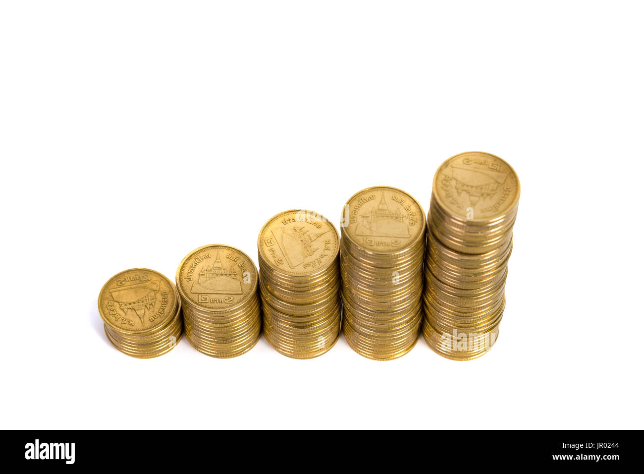 Savings, increasing columns of gold coins, piles of gold coins arranged ...