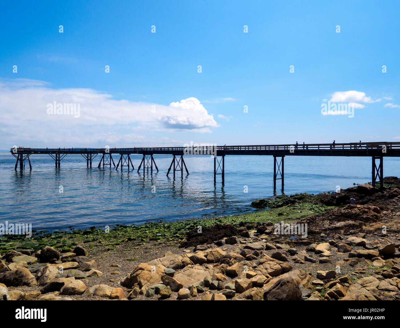 Big Long Pier reaching out into the ocean on a sunny day with blue ...