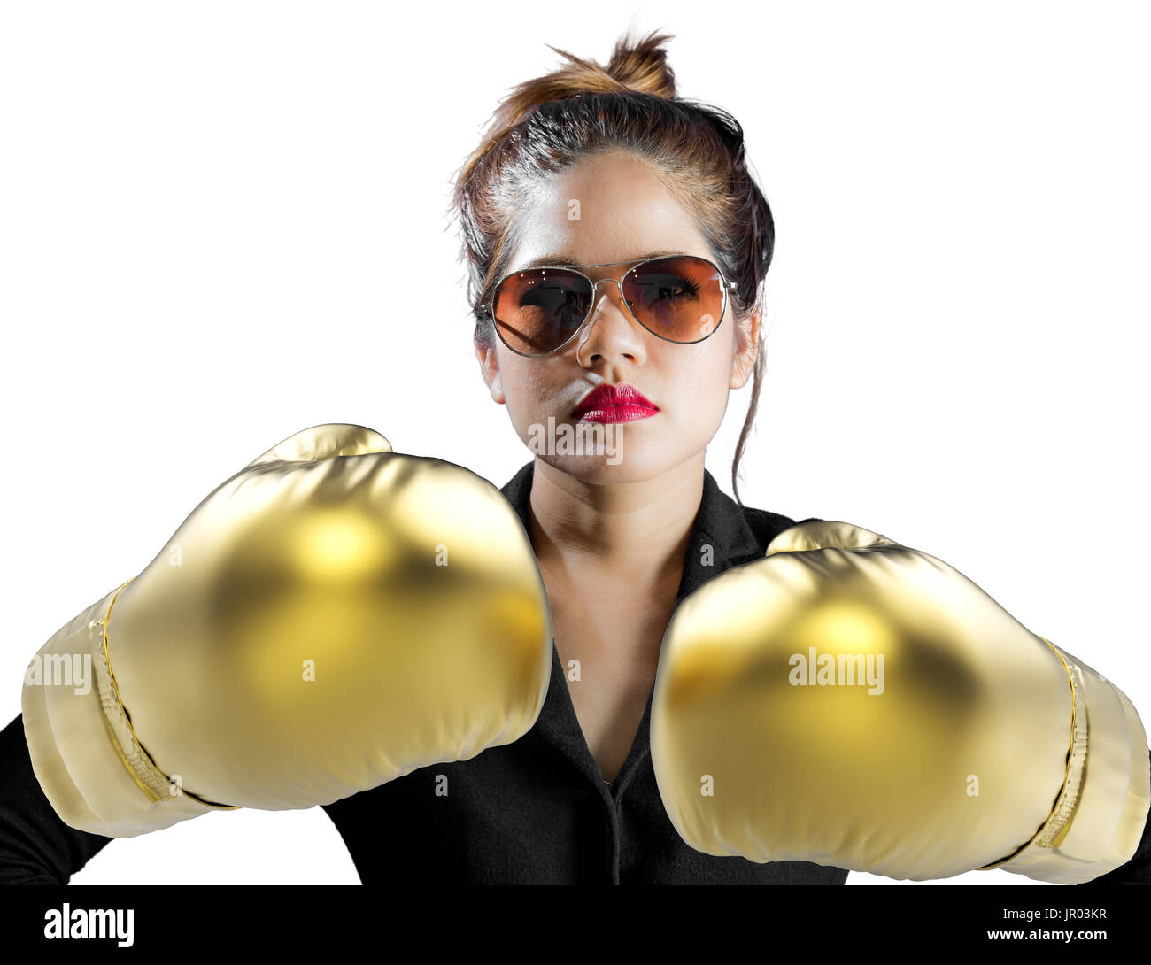 woman fighting concept with golden boxing gloves on white background ...