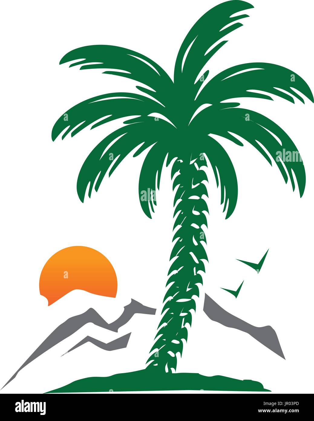 palm tree with mountain and sun, illustration design, isolated on white ...