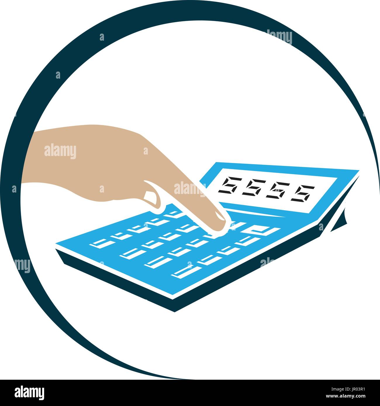 hand using calculator within outline of circle, icon design, isolated ...