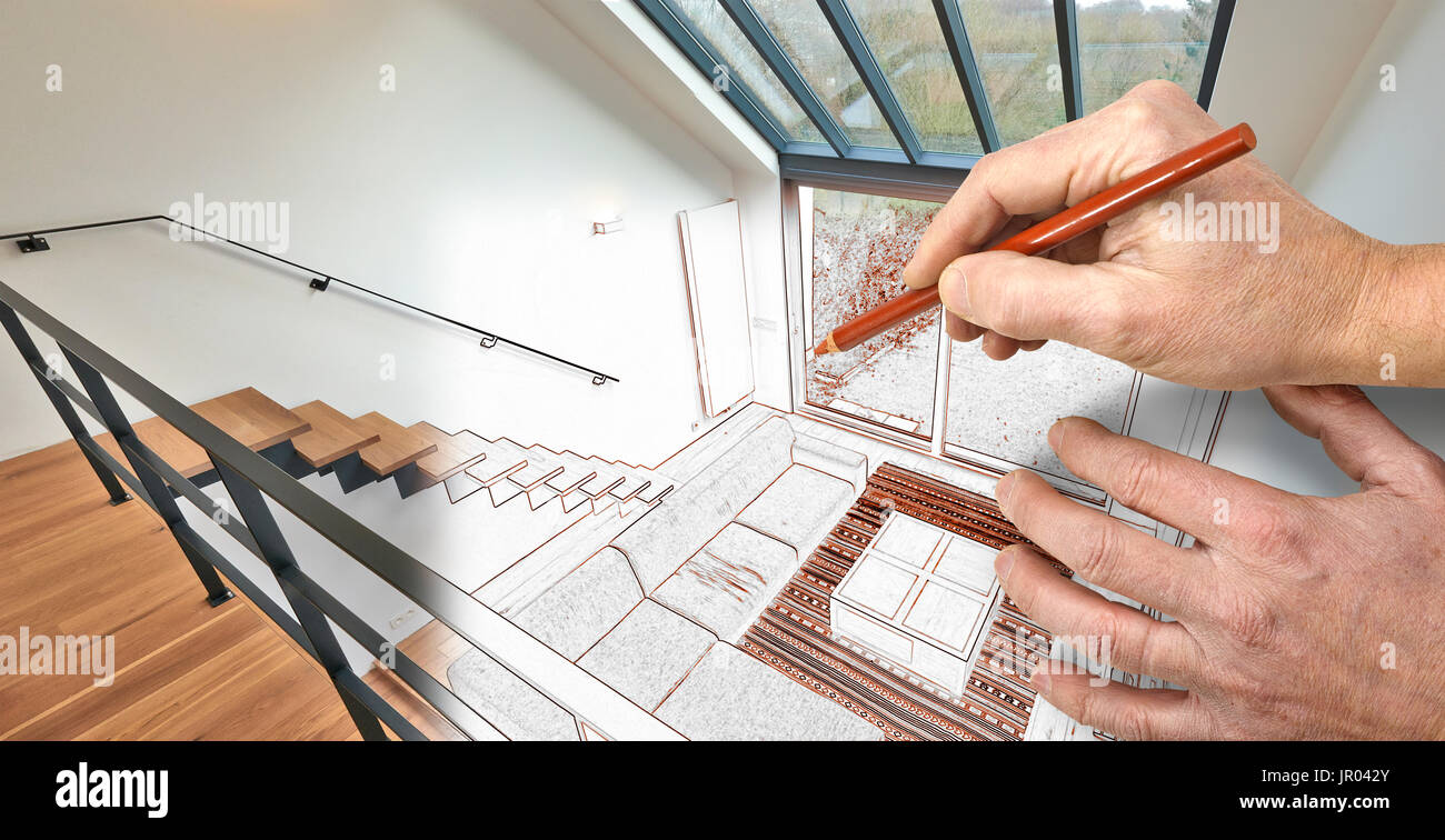 Drawing renovation of a Modern living room with large windows and view ...