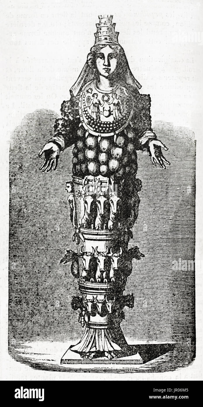 Old engraved reproduction of Artemis statue in Ephesus. By unidentified ...