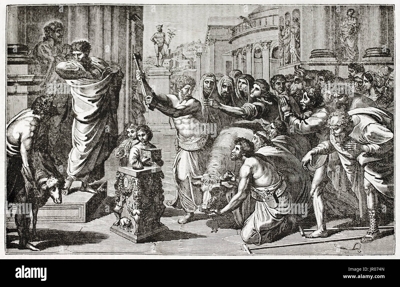 Old engraved reproduction of the Sacrificio di Liustra (Listra's ...