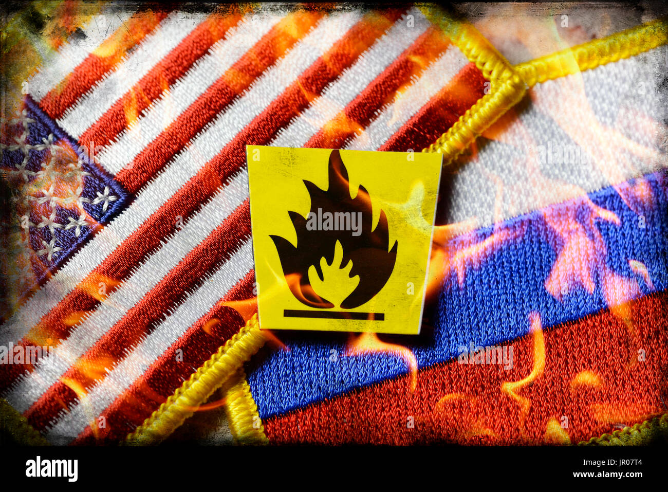 Warning sign in front of flags of the USA and Russia, trade war Stock ...