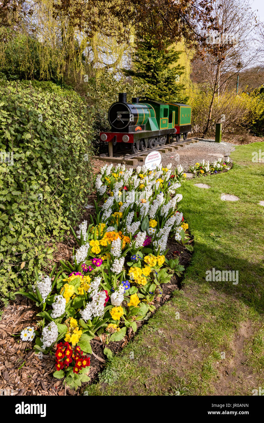 Flower beds and model steam engine at Peasholm Park Stock Photo - Alamy