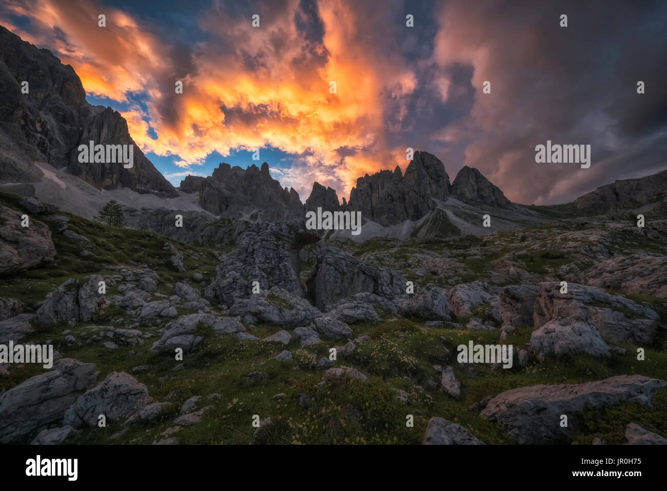 Sunset Over The Dolomite Mountains Of Italy, With Beautiful Coloured ...